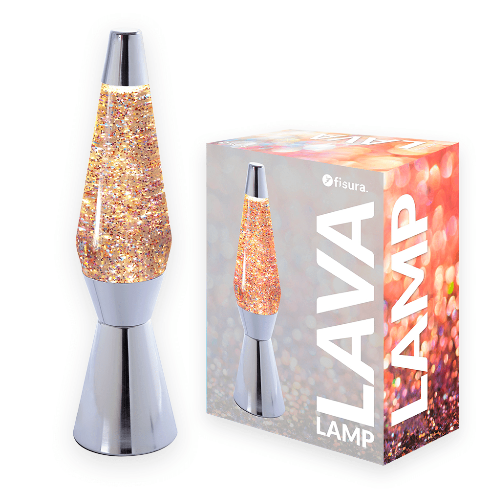 Lámpara de lava “Bullet” con purpurina y base cromada – Fisura Lámpara de lava “Bullet” con purpurina y base cromada – Fisura