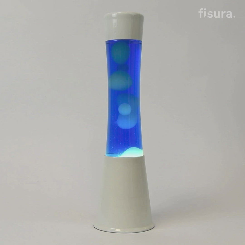 Lámpara de Lava con base blanca, líquido azul y lava color menta